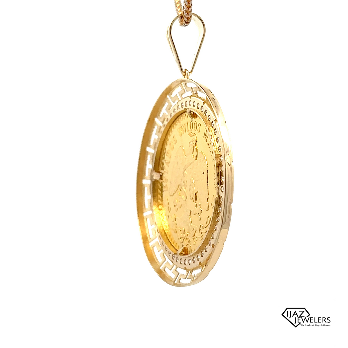 10K Gold Centenario Replica W/ CZ Greek Tribal Border Bezel Charm ...